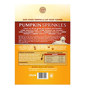 SPRINKLES & PAWS Pumpkin Powder for Dogs | Dog Food Topper Made in Canada with organic pumpkins | Helps Digestive Health, Allergy Relief, Skin & Coat, and with poop | Mix with food
