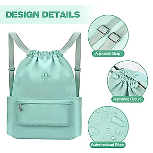 BAVELOE Drawstring Backpack with Wet Pocket Gym Backpack Water-Resistant Cinch String Bag Beach Swim for Women Men（Mint Green）