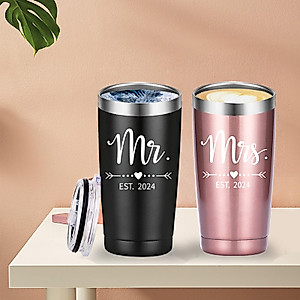 Mamihlap Mr and Mrs Est 2024 Travel Mug Tumbler.Newlyweds Couples Wife Bride To Be Newly Engaged Bridal Shower Gifts.Wedding Tumbler Idea for Bridal Showers Engagement.(20oz Black&Rose Gold)