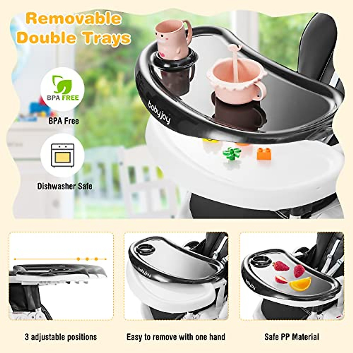 BABY JOY High Chair for Babies & Toddlers, Foldable Highchair with Adjustable Backrest/Footrest/Seat Height, Double Removable Trays, Detachable Seat Cushion, 4 Lockable Wheels (Black)