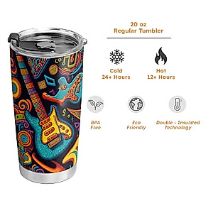 20oz Hippie Electric Guitar, Guitarist, Musician Gifts, Coffee Thermos for Men, Women, Stainless Steel Double Wall Vacuum Insulated Coffee Mug, Travel Cup with Lid
