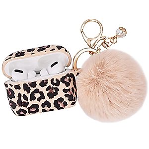 AirPods Pro Case AIRSPO AirPods Pro (1st Generation) Case Cover Floral Printed Silicone Protective Skin for Women, Girls with Pom Pom Fur Ball Keychain/Accessories (Beige/Cheetah)