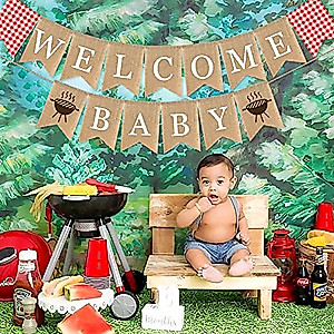 SWYOUN Burlap Welcome Baby Banner with Grill BBQ Theme Party Supplies Baby Shower Party Garland Decoration