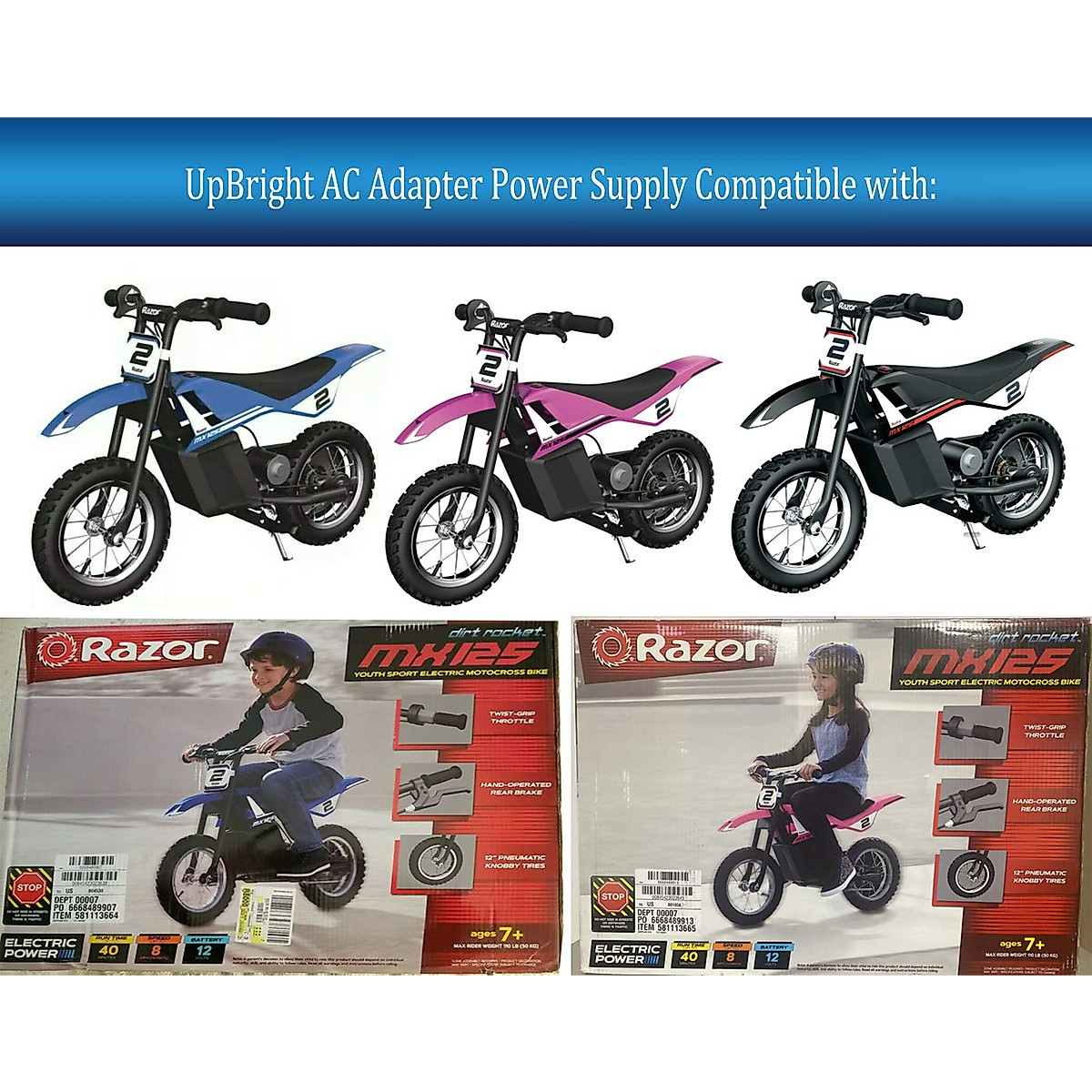 UpBright 12V AC/DC Adapter Compatible with Razor MX125 Dirt Rocket Miniature Electric-Powered Motocross Electric Bike 15118261 15118240 15118201 12V Lead-Acid Rechargeable Battery Charger Power Supply