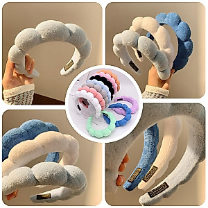 ANEESAA Spa Headband for Washing Face Wristband Set Sponge Makeup Skincare, Terry Cloth Bubble Soft Get Ready Hairband for Women Girl Puffy Padded Headwear Thick Hair Accessory (Blue)