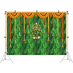 Ticuenicoa India Pooja Traditional Backdrop 7x5ft Banana Leaf Green Chatiya Ganesh Photography Background Puja Ganpati Pooja Mehndi backdrops Wedding Party Decorations Marigold Garlands Photo Props