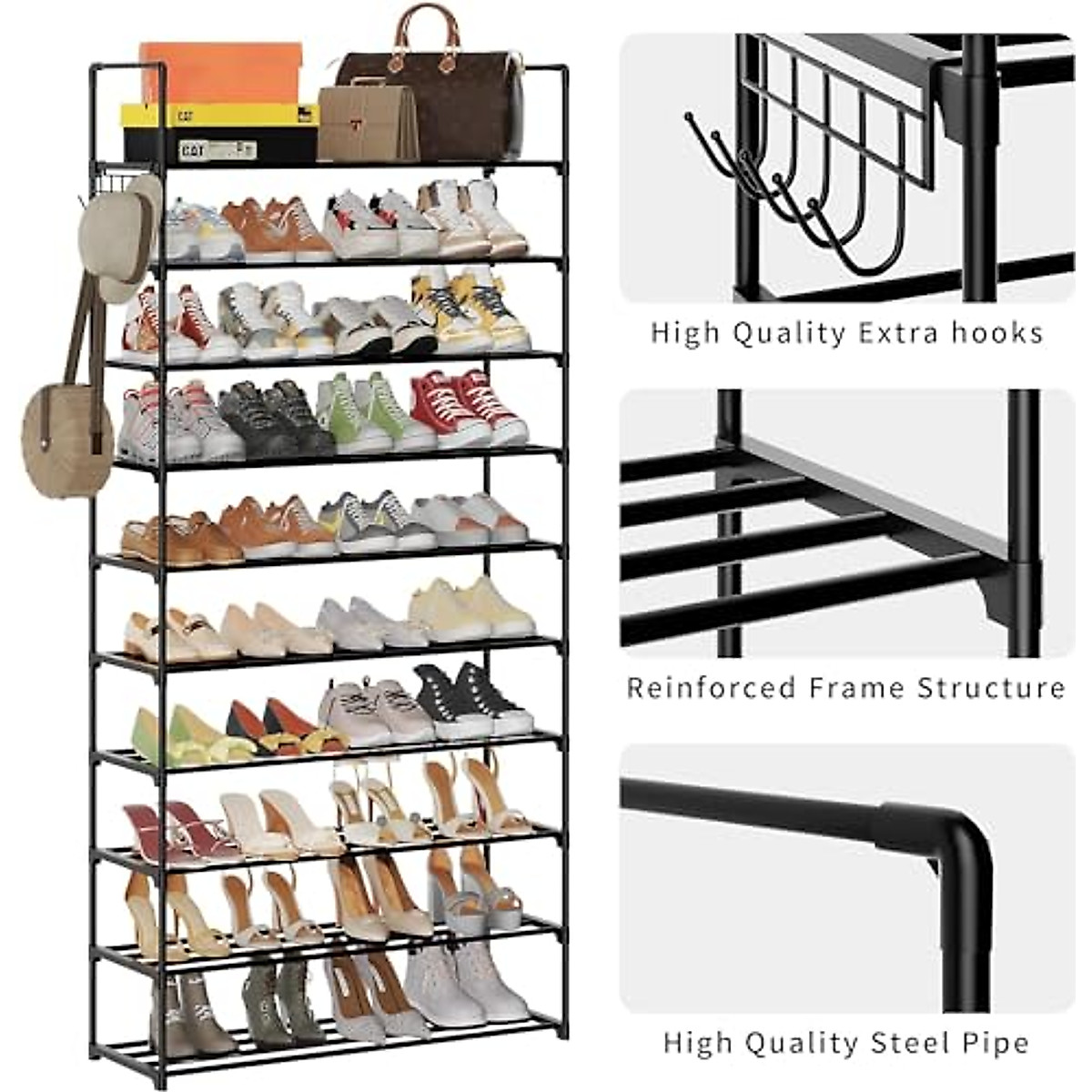 HOMICKER Shoe Rack,10 Tier Shoe Organizer Large Shoe Storage with Hooks,Fit 40-50 Pairs Shoes,Metal Tall Shoe Shelf for Closet,Entryway,Garage,Bedroom