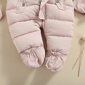 WALLARENEAR Infant Baby Boys Girls Winter Snowsuit Romper Hoodied Footie Outwear Toddler Jumpsuit Down Coat Jacket with Gloves (Pink, 12-18 Months)