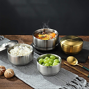 UPTALY Set Of 4 Food Grade 18/10 Stainless Steel Bowls with Lids (4.9'', 4.1''), Thickened Cereal Bowl with Saucer, Double-walled Insulated Steamed Soup Bowls, Meal Bowl with Lid, Korean Kimchi Dishes