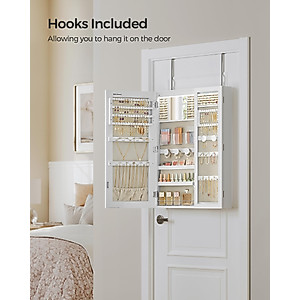 SONGMICS LED Jewelry Cabinet, Mirror with Jewelry Storage, Glass Window, Wall Door-Mounted, 3.9 x 23.6 x 31.5 Inches, Interior Mirror, 3-in-1, Bedroom, Dressing Room, Gift, White and Greige UJJC028W01