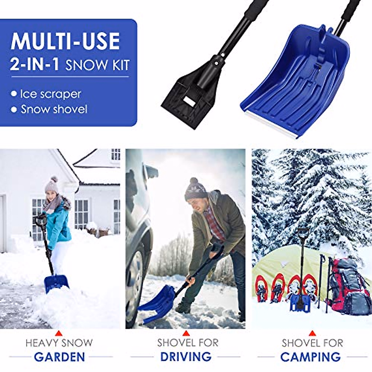 CLISPEED Snow Shovel for Car, Folding Snow Shovel with Ice Scraper for Car Truck Driveway Snow Removal (Blue)