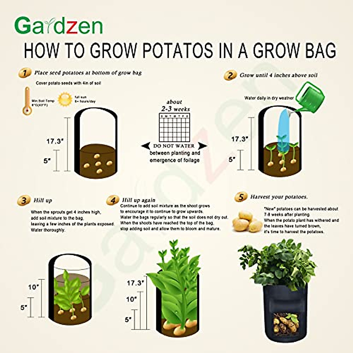 Gardzen 6 Pack BPA-Free 10 Gallon Vegetable Grow Bags with Access Flap and Handles, Suitable for Planting Potato, Taro, Beets, Carrots, Onions, Peanut