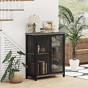 BON AUGURE Industrial Coffee Bar Cabinet with Storage, Farmhouse Wood Metal Accent Cabinet with Shelves, Rustic Small Sideboard Buffet for Kitchen and Dining Room (Dark Grey Oak)