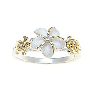 Arthur's Jewelry Sterling silver 925 Hawaiian plumeria flower cz turtle ring 2 tone yellow gold plated size 8