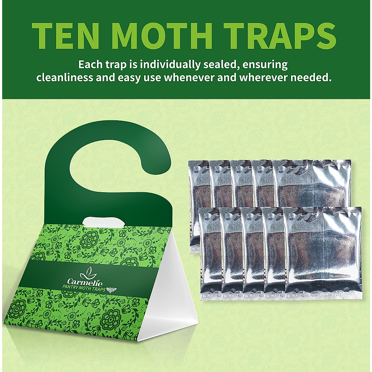 Carmelie Pantry Moth Traps, Moth Traps with Pheromones Prime, 10 Moth Traps for Meal Moth Killer, Sticky Glue Flies Pest Food and Cupboard Moth Killer, Hook Design for Indoor Kitchen Closet, Non-toxic