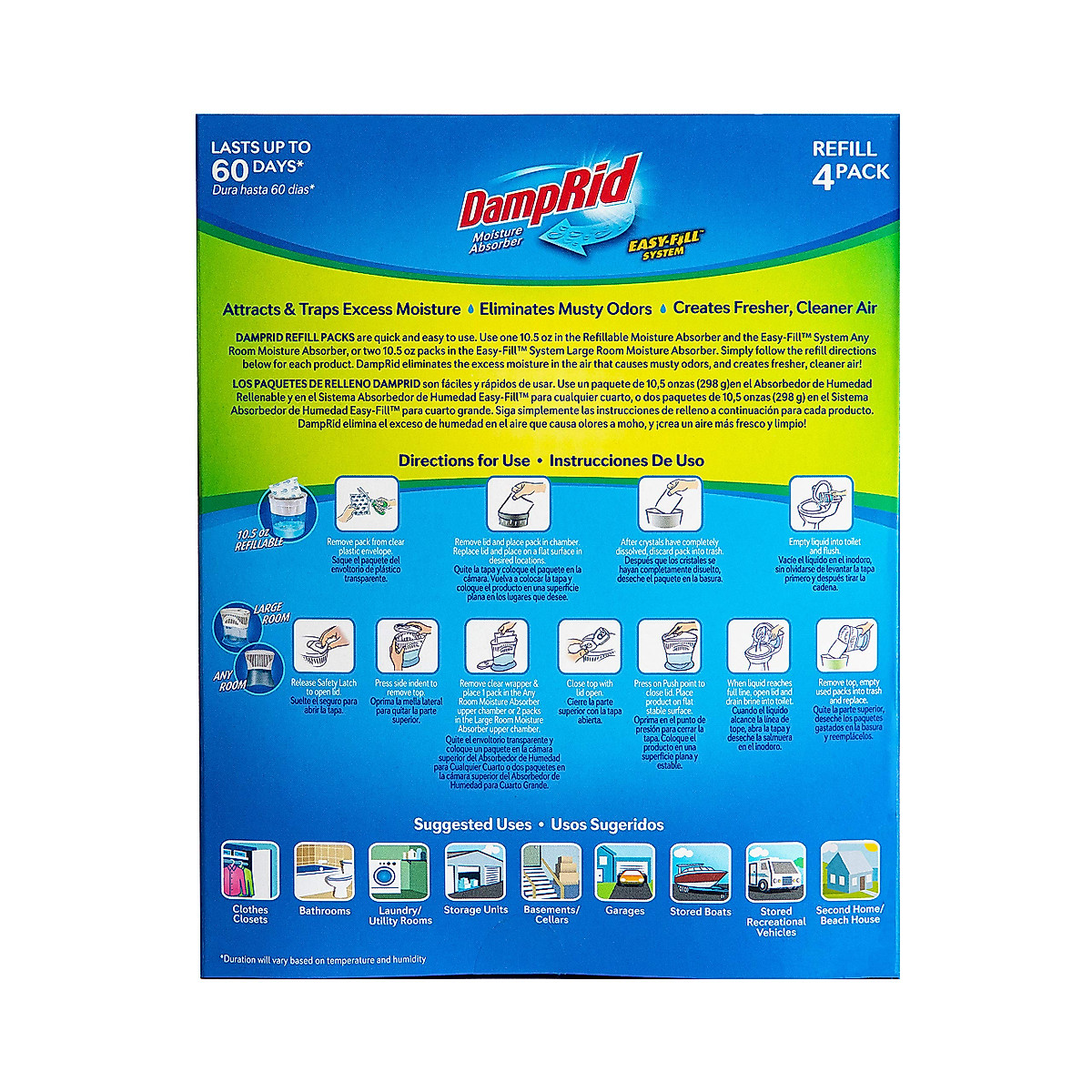 DampRid 10.5 oz Fragrance Free Absorber Easy Fill Refill Packs-4 Count – Attracts & Traps Moisture for Fresher, Cleaner Air, Blue/White