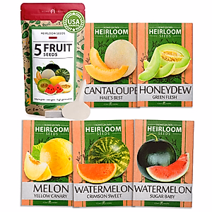 HOME GROWN 5 Melon Fruit Seeds Variety Pack - Watermelon Seeds, Melon Seeds, Cantaloupe, Sugar Baby Watermelon, Honeydew Fruit Seeds for Planting Home Garden - Non GMO Heirloom Seeds for Planting
