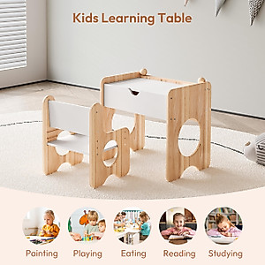 Woodtoe Kids Table and Chair Set with Storage & Chalkboard, Height Adjustable Toddler Chair, Montessori Art Table and Chair Set, Natural Wooden Activity Table, Drawing Dinner Desk for Baby Toddlers 1+