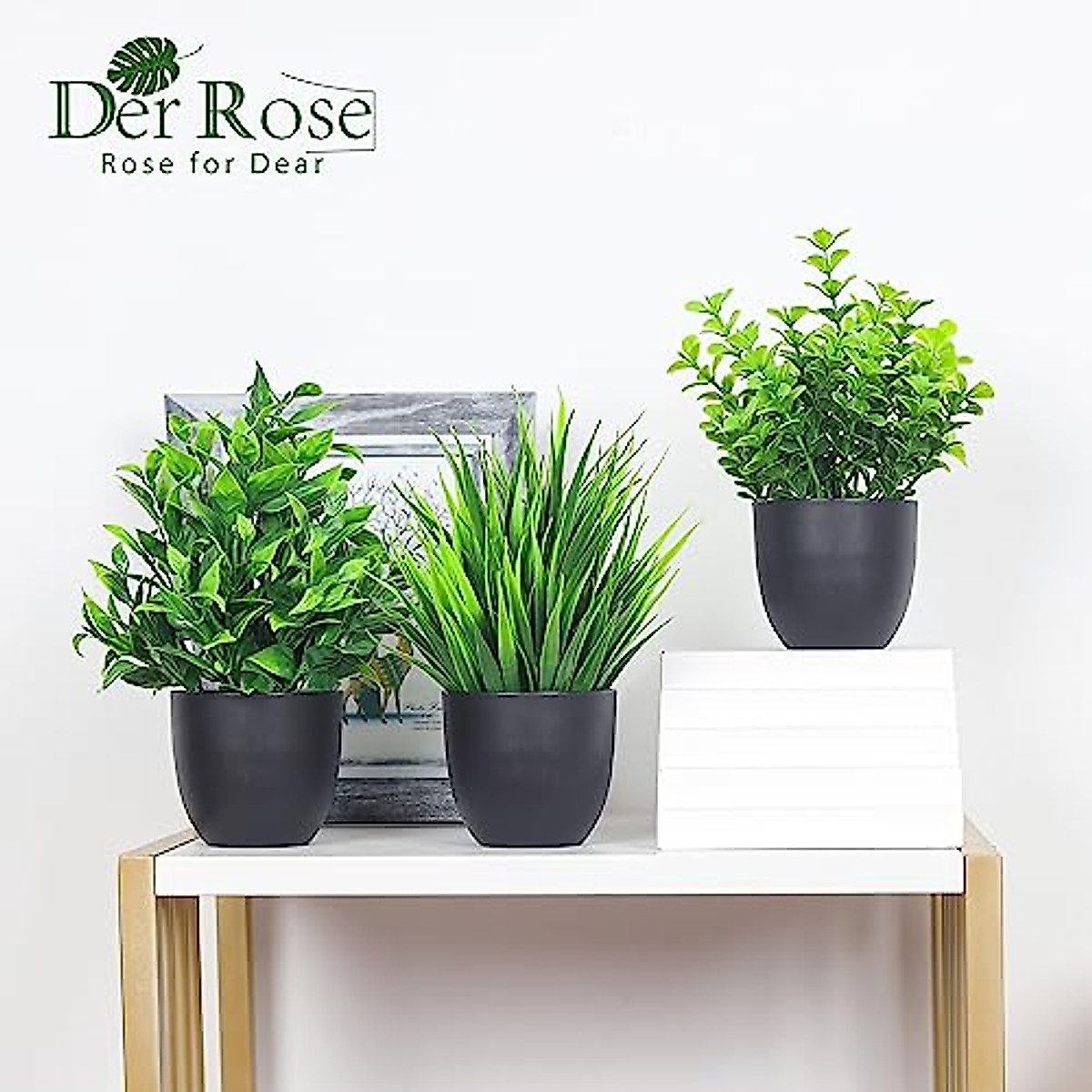 Der Rose Fake Plants 4 Packs Artificial Plants Small Faux Plants in Black Pot for Bathroom Home Office Table Decor Indoor