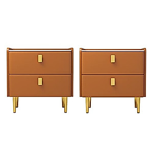 MGH Modern Small Nightstands Set of 2 with Two Drawers, Mid-Century Faux Marble PU Leather Side Tables, Bedside End Mini Table Night Stand for Living Room/Bedroom/Office (Orange) (NS002-SET)
