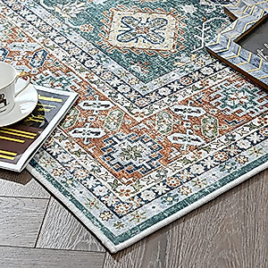 jinchan Area Rug 4x6 Persian Rug Vintage Indoor Carpet Kilim Thin Rug Turquoise Brick Red Multi Overdyed Retro Accent Rug for Kitchen Bathroom Living Room Bedroom Office Dining Room