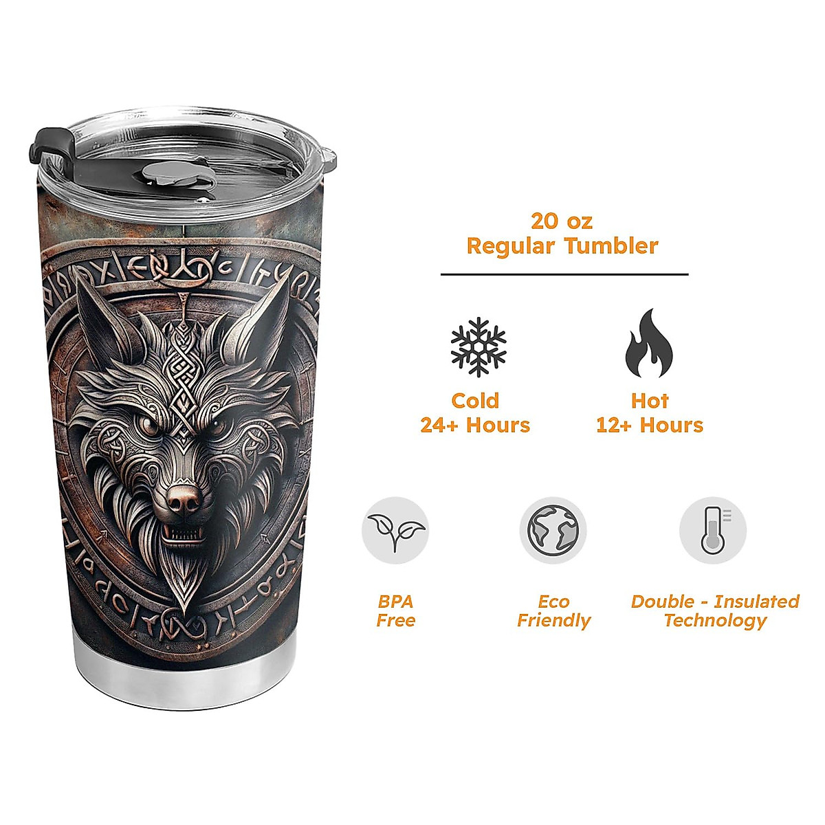 20oz Viking Celtic Warrior Wolf Tumbler, Norse Mythology, Viking Gifts for Men, Coffee Thermos for Men, Stainless Steel Double Wall Vacuum Insulated Coffee Mug, Travel Cup with Lid