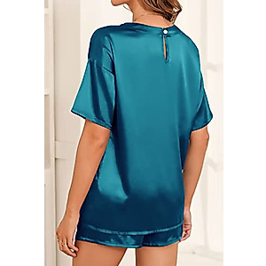 Senert Satin Pajamas for Women Short Sleeve Silk Pajama Sets Soft Sleepwear Top With Loose Causal Pj Shorts Peacock Blue,Small