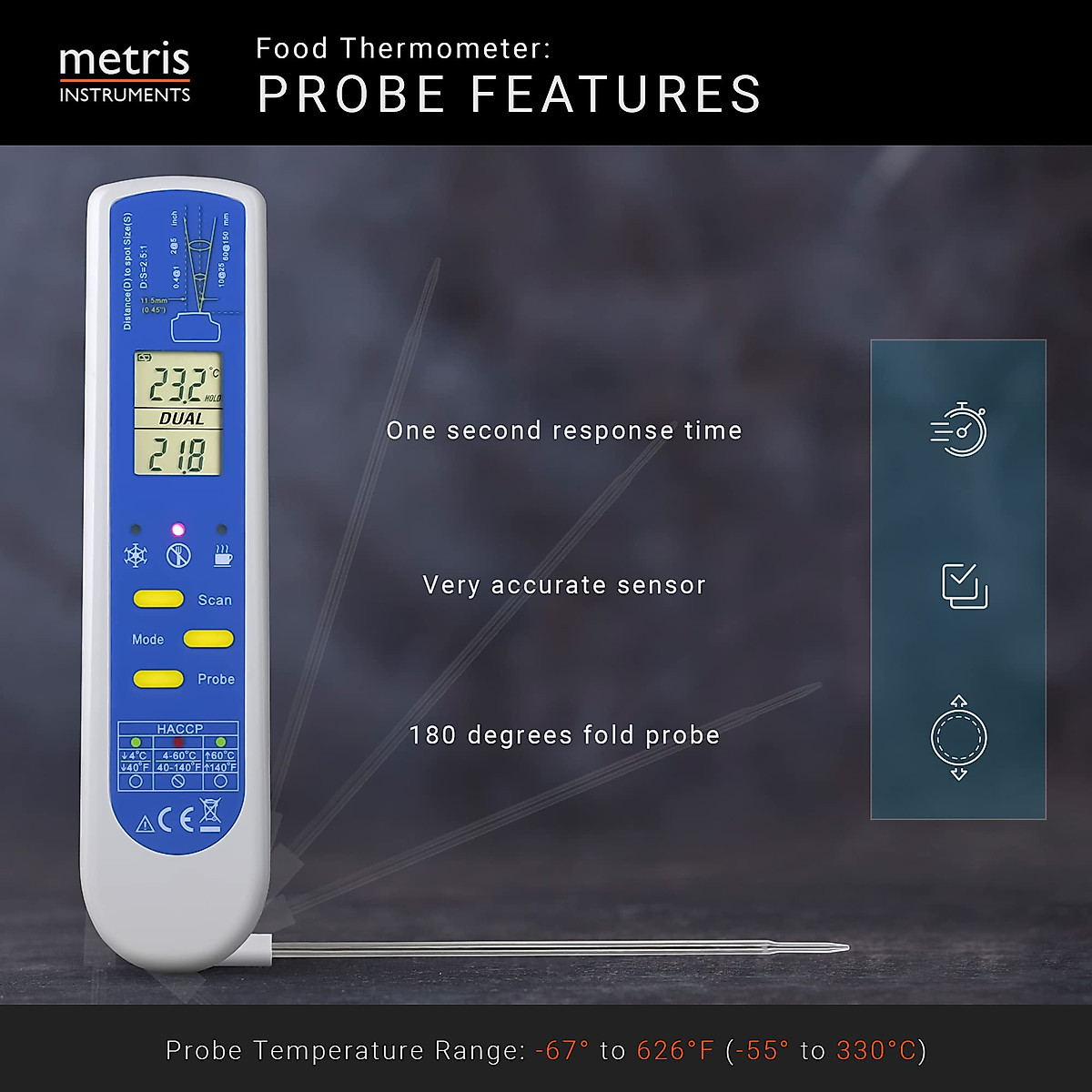 Metris Instruments Food Cooking Meat Thermometer Digital Infrared Instant Read with Probe for Kitchen, Outside Grill, BBQ Smoker, Model TCT303F-NSF NSF Approved
