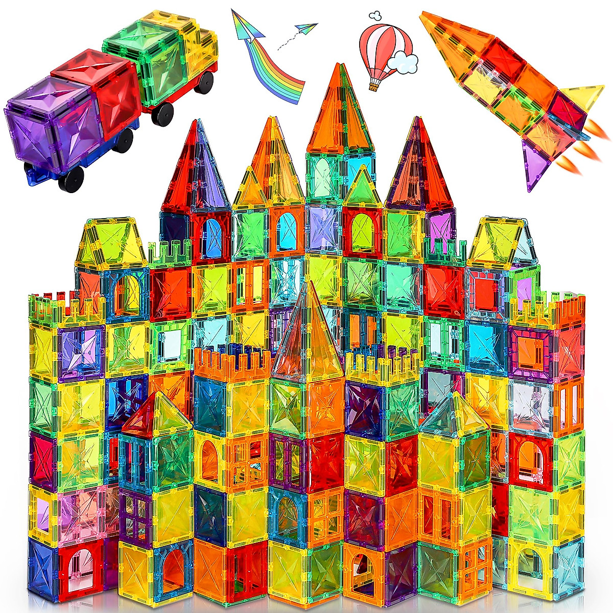 Meuzhen 120Pcs Magnetic Tiles with 2 Cars Toy Set, Diamond Magnet Tiles 3D Building Blocks, Toddler Montessori Toys for 3 4 5 6 Years, STEM Preschool Kids Sensory Educational Toys Gift for Boys Girls