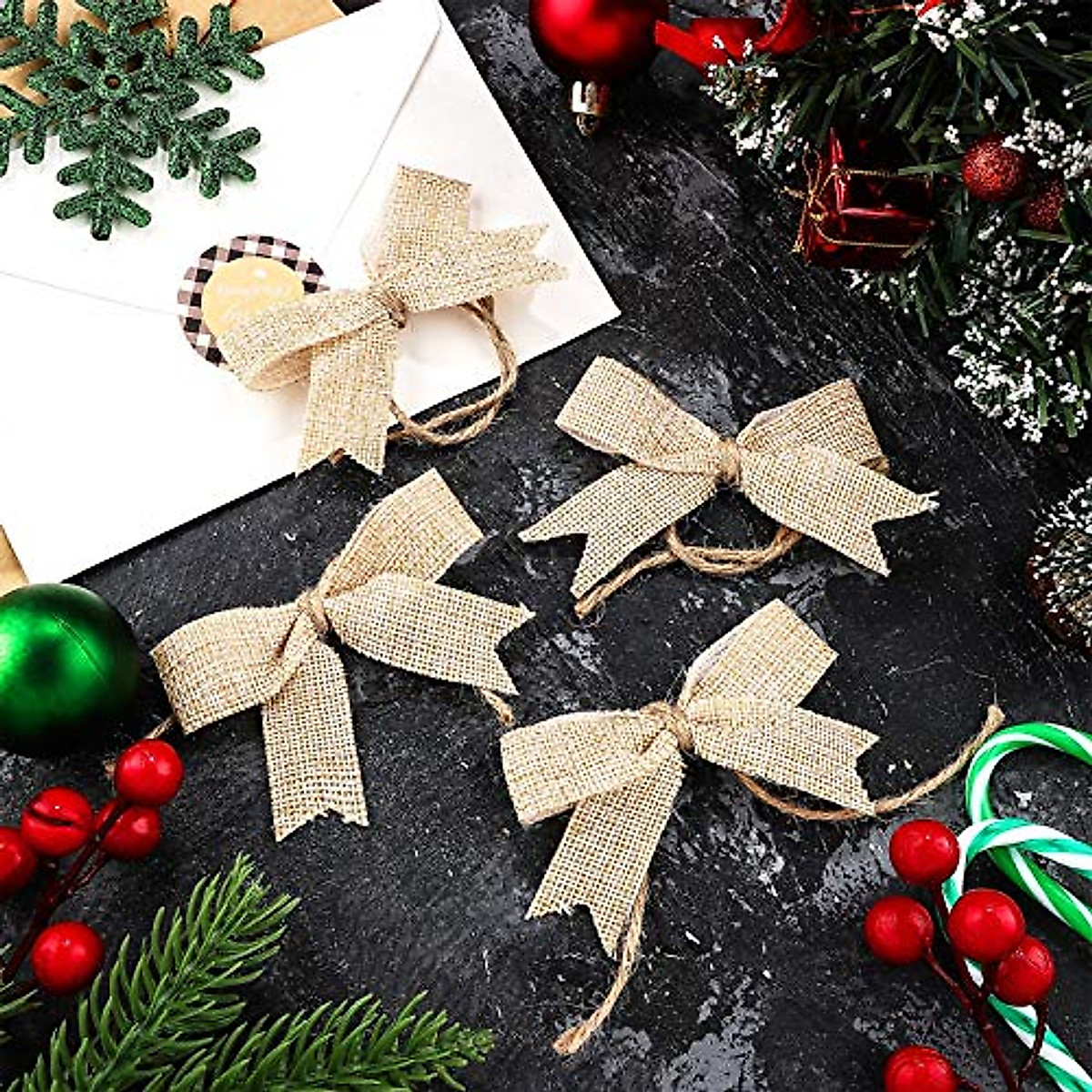 24 Pieces Burlap Bows Decorative Christmas Bows Knot Ornament Bows Small Linen Handmade Wreath Bow for Christmas Tree Decoration Festival Holiday Party Package Supplies, 3 Inch