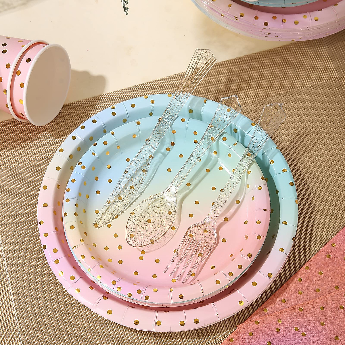 200 Pcs Pastel Party Decorations,Golden Dot Disposable Paper Plates Set,Pastel Plates and Napkins Party Supplies for Birthday Baby Shower Wedding Rainbow Party