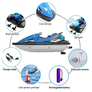 IOKUKI RC Boats for Kids & Adults with Spraying Function, 2.4G Remote Control Boat for Pools & Lakes with Rechargeable Toy Boat Battery/Dual Motors/Low Power Prompt/Waterproof - Blue