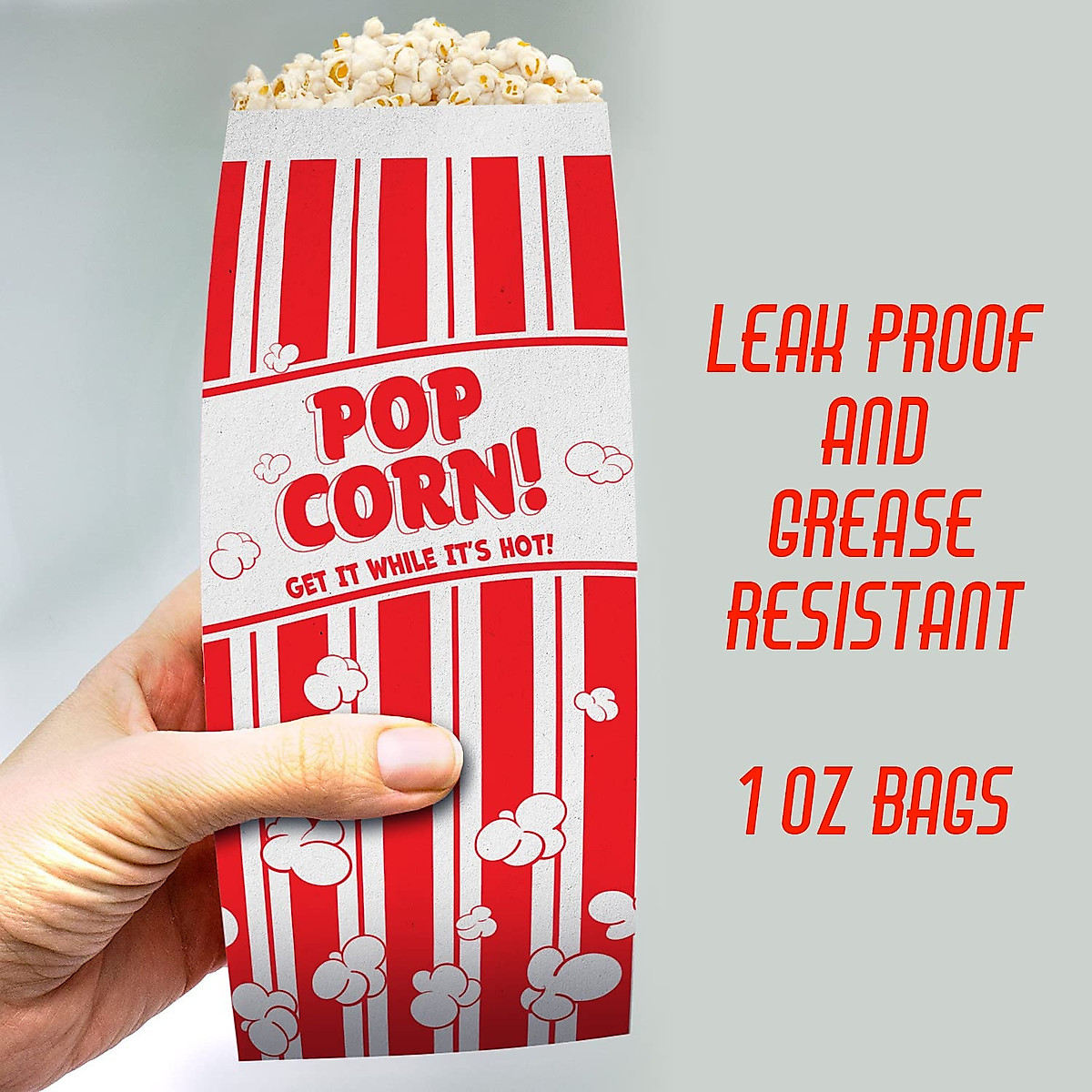 Retro, Grease Resistant Popcorn Bags 25 Pack. Single Serving 1oz Paper Sleeves in Nostalgic Red/White Design Movie Theme Party and Old Fashioned Carnivals & Fundraisers Old School Supplies