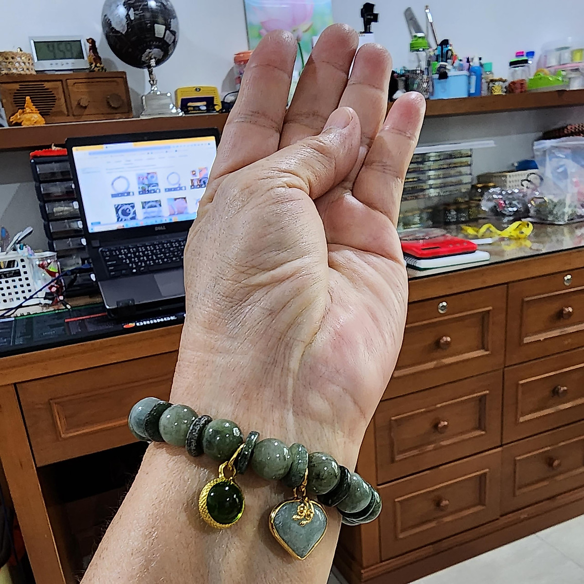 10.80 mm. Jade Bracelets for Women Genuine Green Colors Bangle Energy Gems Jadeite Charms with Pendant Naga Eye Green Crystal and Heart Bring Money Wealth