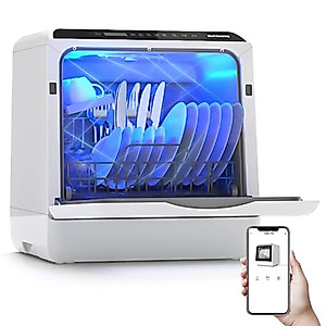 BLITZHOME Portable Dishwasher Countertop, WIFI Smart Dishwasher, Compact Dishwashers with 5L Built-in Water Tank, 5 Programs, 360° Dual Spray, High-Temp& Air-Dry Function, Fruit Cleaning