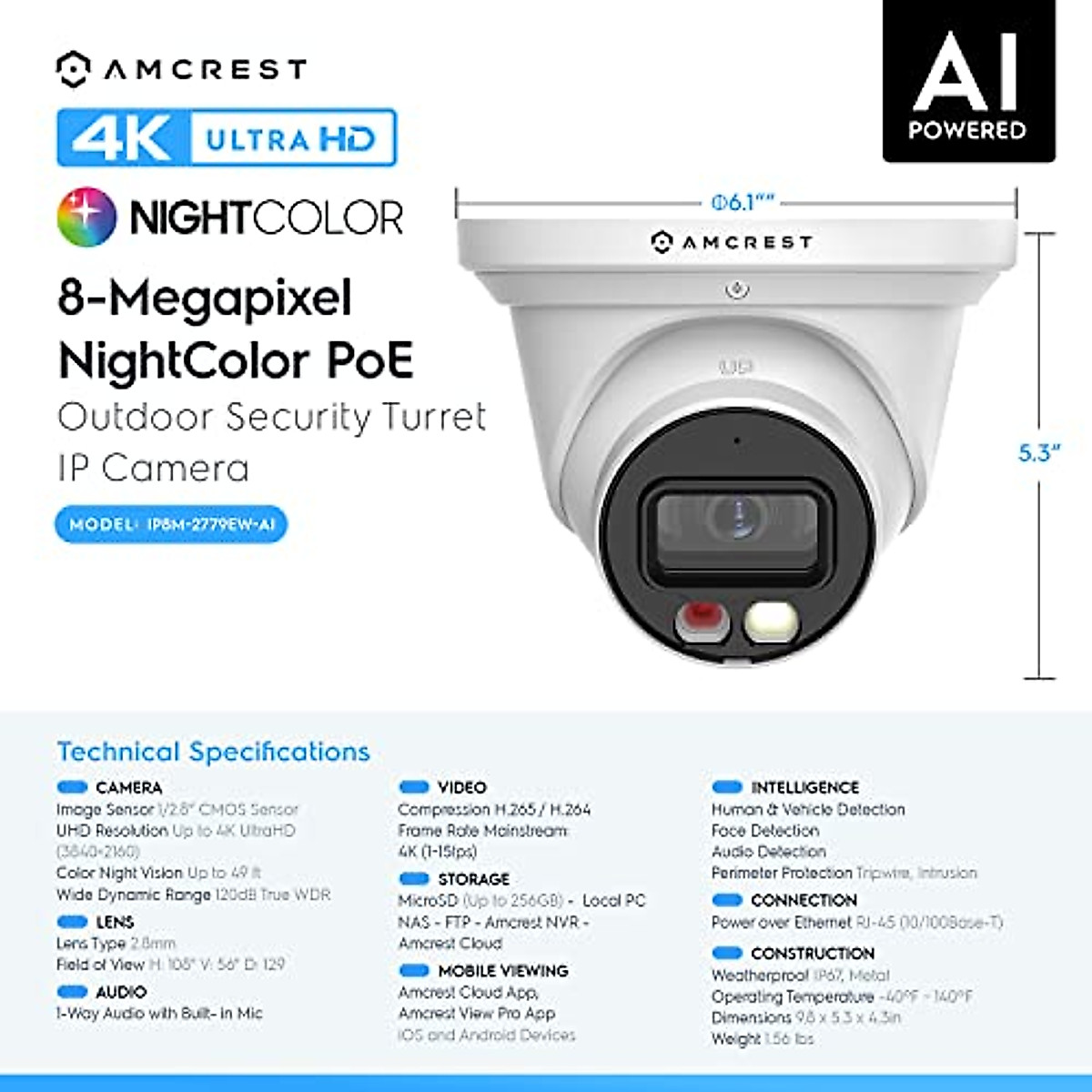 Amcrest UltraHD 4K (8MP) IP PoE AI Camera, 49ft Nightcolor, Security Outdoor Turret Camera, Built-in Microphone, Human Detection, Active Deterrent, 129° FOV, 4K@15fps IP8M-2779EW-AI (White)