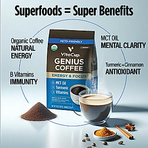 VitaCup Organic Genius Ground Keto Coffee, Increase Energy & Focus w/MCT Oil, Turmeric, B Vitamins, D3, USDA Organic Ground Coffee Medium Dark Roast, Bold & Smooth, 100% Arabica Coffee Grounds, 10 oz
