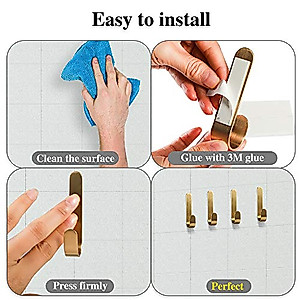 Picowe 4 Pack Brass Hooks, L-Shaped Towel Robe Hook on Wall Door, Self-Adhesive Holders for Hanging Coat Hat for Kitchen Bathroom Bedroom, for Door Wall Decoration, 0.8 x 3.7inch