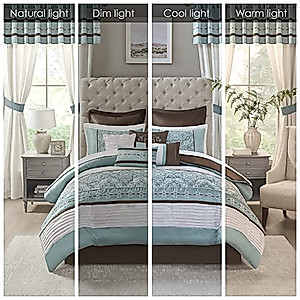 Madison Park Essentials Jelena Room in A Bag Faux Silk Comforter Classic Luxe All Season Down Alternative Bedding, Matching Bedskirt, Curtains, Decorative Pillows, Queen(90"x90"), Seafoam 24 Piece