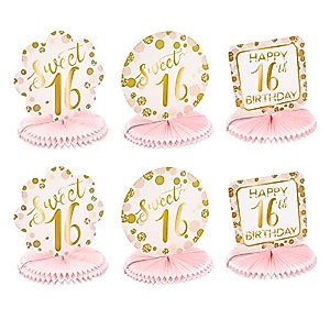 Sweet 16 Birthday Decorations, Pink and Gold Paper Honeycomb Centerpieces (6 Pack)