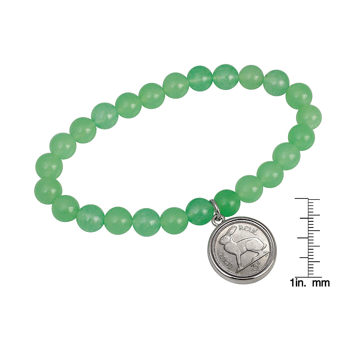 American Coin Treasures Irish Rabbit Coin Stretch Bracelet | Lucky Irish Three Pence | Green Aventurine Beads | One Size | Certificate of Authenticity