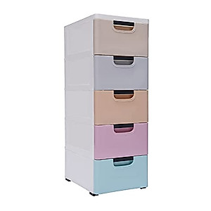 SanBouSi 5 Drawers Plastic Drawers Dresser, Tall Standing Organizer Unit Chests with Wheels, Storage Closet Cabinet Clothes Toys Snacks Organizer for Home, Bedroom, Office (Colorful)