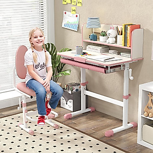 Costzon Kids Desk and Chair Set, Height Adjustable Children School Study Table and Chair Set w/Tilt Desktop, Storage Drawer Hutch, Student Computer Workstation, Kids Desk for Girls Bedroom (Pink)