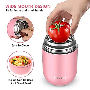 Insulated Food Jar WayEee Vacuum Bento Box Lunch Containers 16 oz for Kids Adults, Stainless Steel Leak Proof Wide Mouth Food Soup Thermos with Spoon Keeps Food Hot Cold for School Travel Picnic -Pink