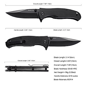 EMHTiii Pocket Knife Folding Knives: 3.14" Stainless Steel Black Blade, G10 Scales