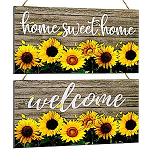 Jetec 2 Pieces Sunflowers Front Porch Door Plaque Sunflower Welcome Wooden Sign Sweet Home Hanging Wood Door Sign Sunflower Front Porch Hanging Decoration for Home Living Room Decor, 11 x 6 Inch