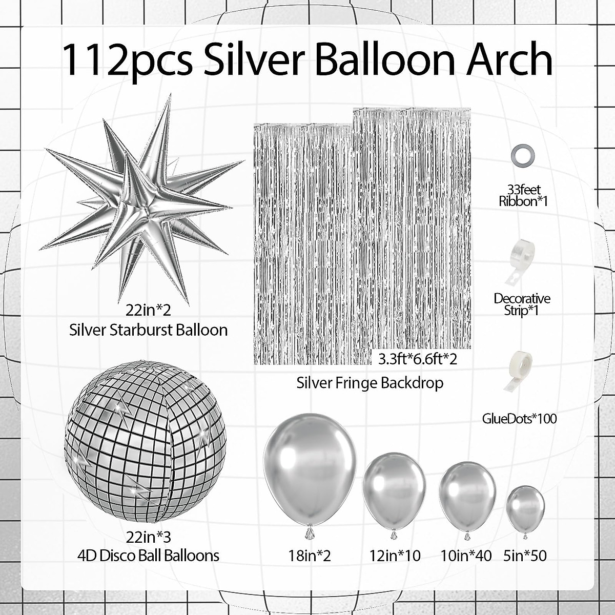 Disco Balloon Arch Garland Kit, Metallic Silver Balloon Arch with Disco Ball Balloons Silver Fringe Disco Ball Backdrop for Birthday Graduation Prom 2024 Disco Party Decorations