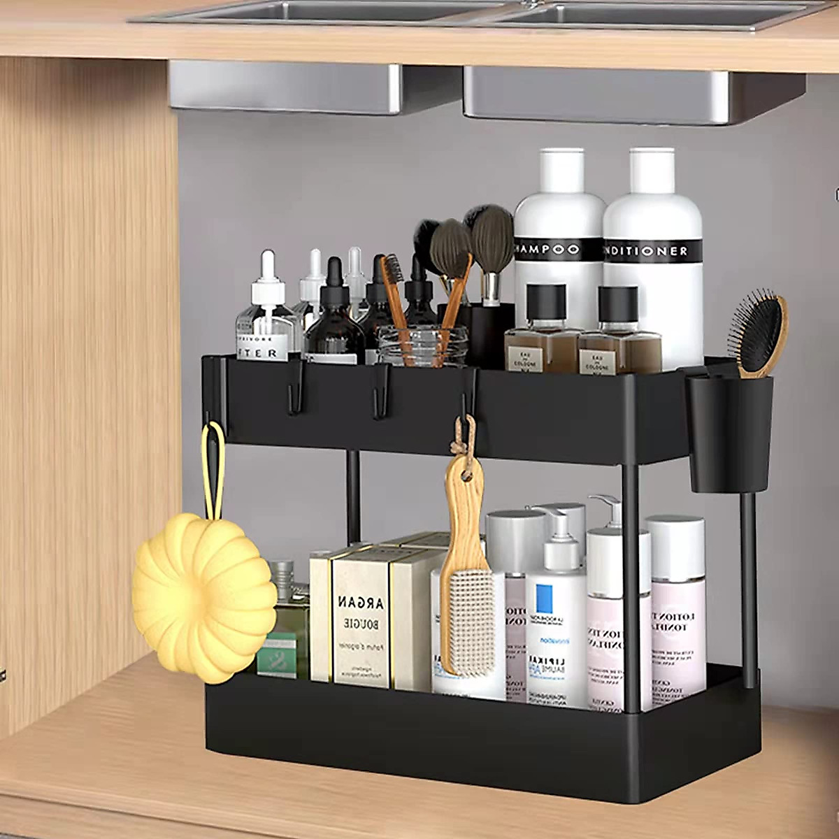 Under Sink Organizers, 2 Tier Under Bathroom Cabinet Storage with 6 Hooks and Collection Baskets, Multi-purpose Under Sink Storage Rack for Bathroom Kitchen Living Countertop and Cabinet