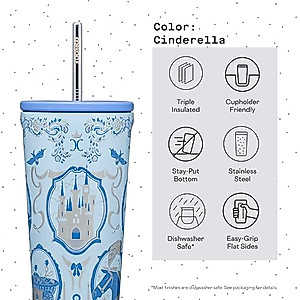Corkcicle x Disney Princess Cinderella Cold Cup Insulated Tumbler with Lid and Straw, 24 oz – Reusable Water Bottle Keeps Beverages Cold 12hrs, Hot 5hrs – Cupholder Friendly, Lid for Flexible Sipping