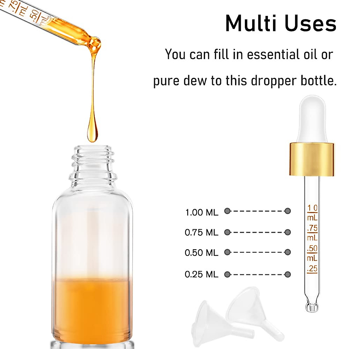 Bumobum Dropper Bottle Clear 1 oz, 30 ml Glass Dropper Bottles with Measurement and Golden Top Cap for Essential Oils, 2 pack Tincture Bottle with Labels and Funnel